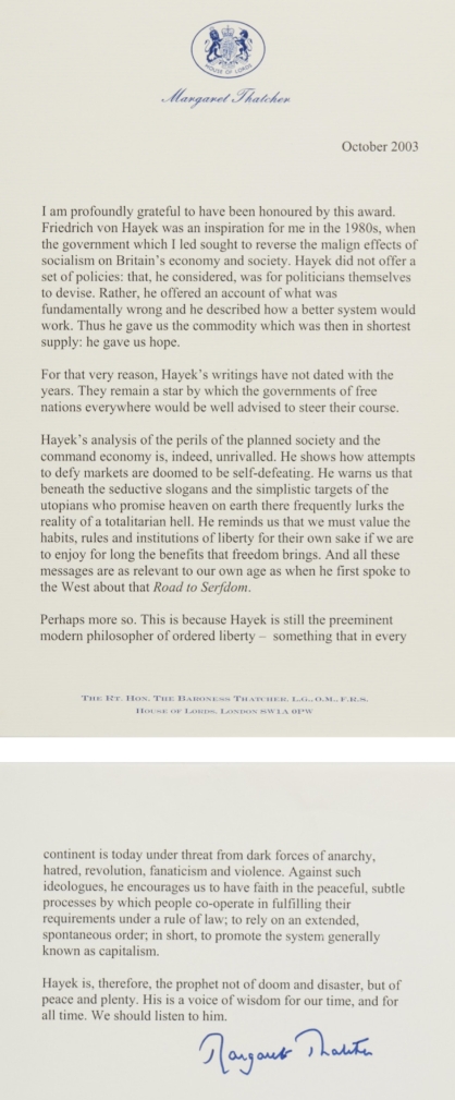 Margaret Thatcher’s Tribute to Friedrich von Hayek – Atanu Dey : Life ...